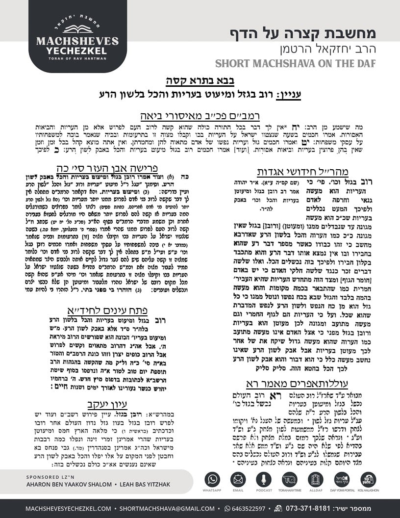R' Yechezkel Hartman | Short Machshava - Bava Batra 165 - Gezel, Arayot ...